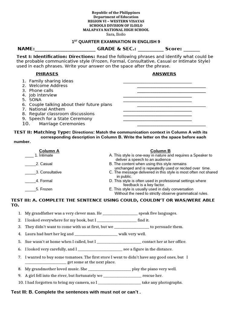 English 9 1st Quarter Exam Guide | PDF | Human Communication | Linguistics