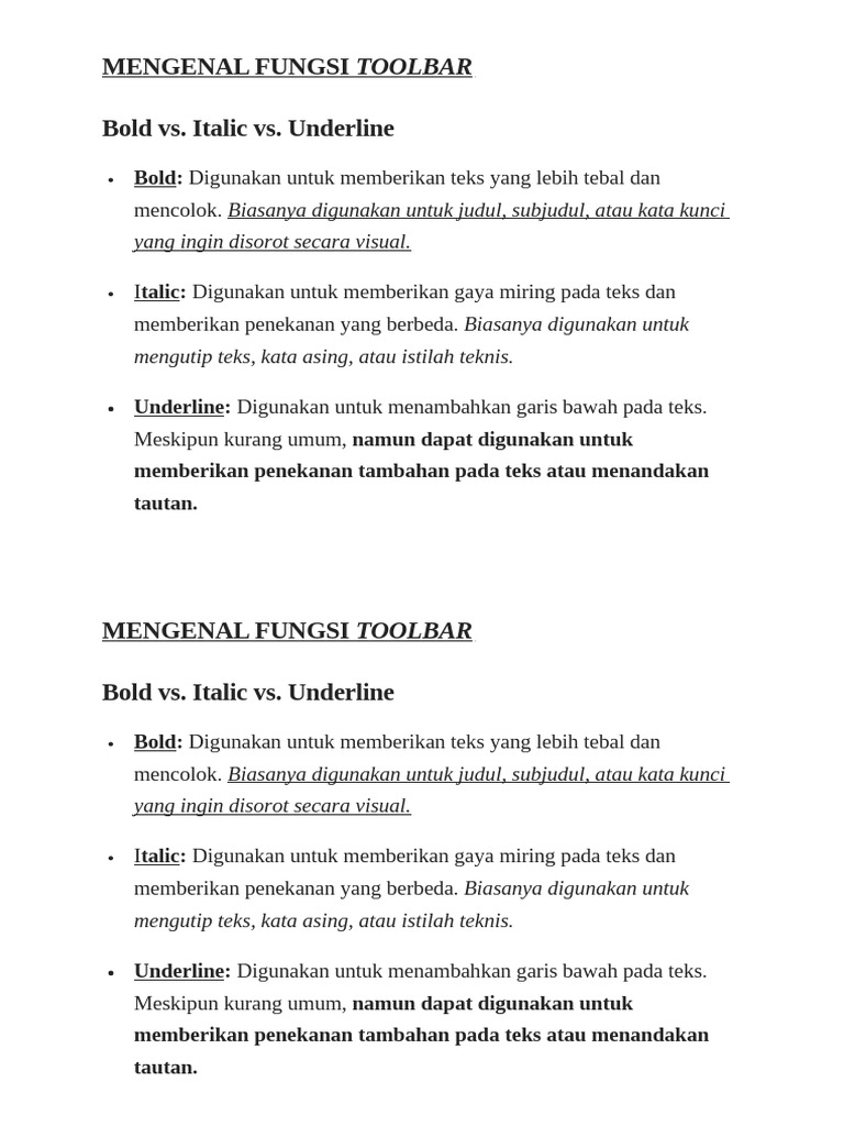 Fungsi Toolbar: Bold, Italic, Underline | PDF