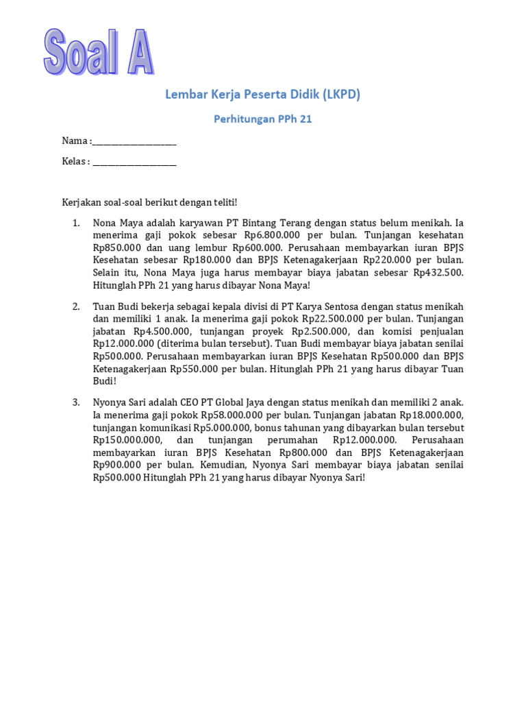 Lembar Kerja Peserta Didik LKPD Perhitungan PPH 21 Set 4 | PDF