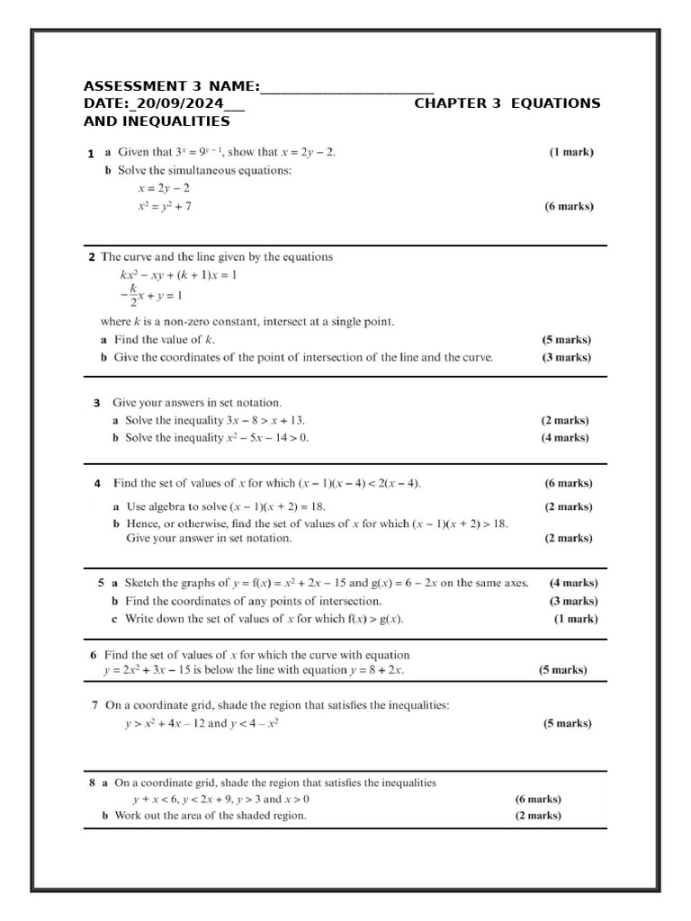 P1 Assessment 3 Equations and Inequality | PDF