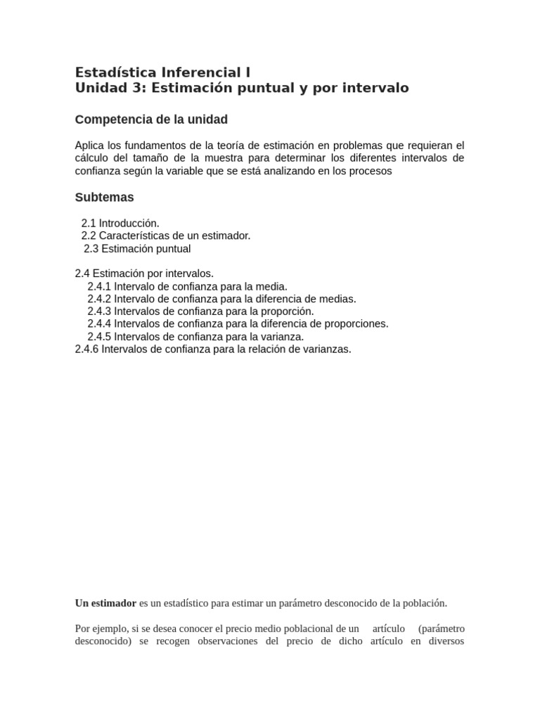 U3 - Estimación Puntual y Por Intervalo - Ejercicios | PDF | Estimador | Intervalo de confianza