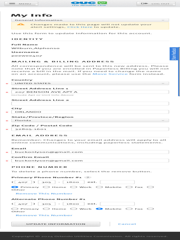 OUC The Reliable One - Manage My Info | PDF