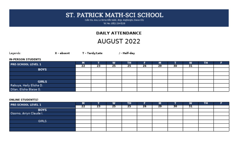 St. Patrick Math-Sci School Attendance August 2022 | PDF