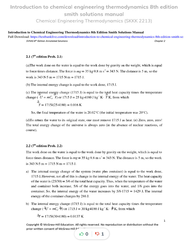 ChE Thermo - Smith & Van Ness (Chap 2 Solution Manual) | PDF | All Rights Reserved | Publishing ...