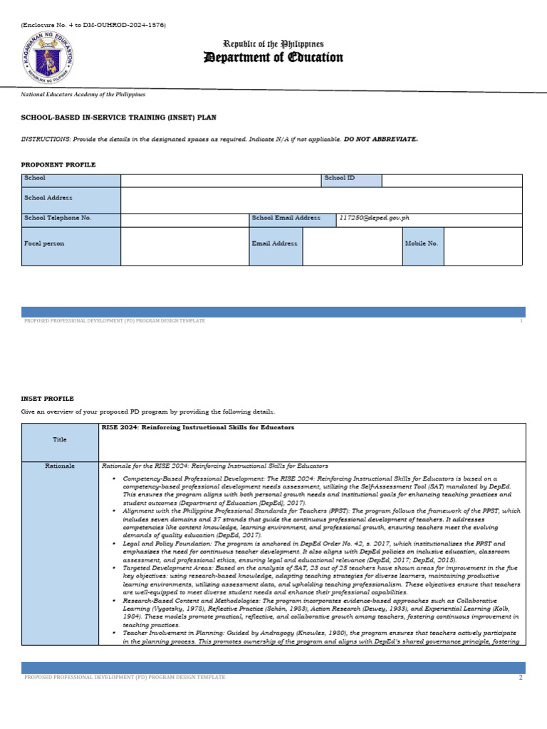 Sample School-Based INSET Plan | PDF | Educational Assessment | Learning