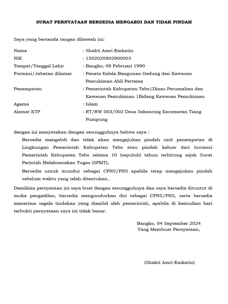 Surat Pernyataan Bersedia Mengabdi Dan Tidak PINDAH | PDF
