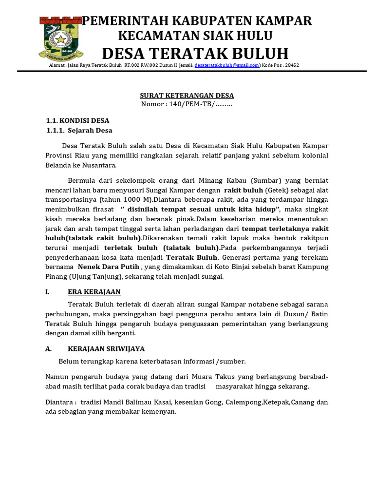 Profile Desa Teratak Buluh | PDF