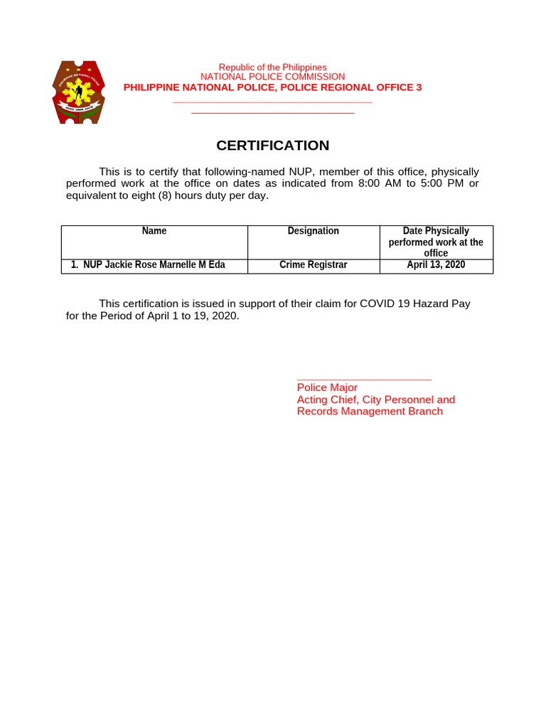 Sample Certification Pdf