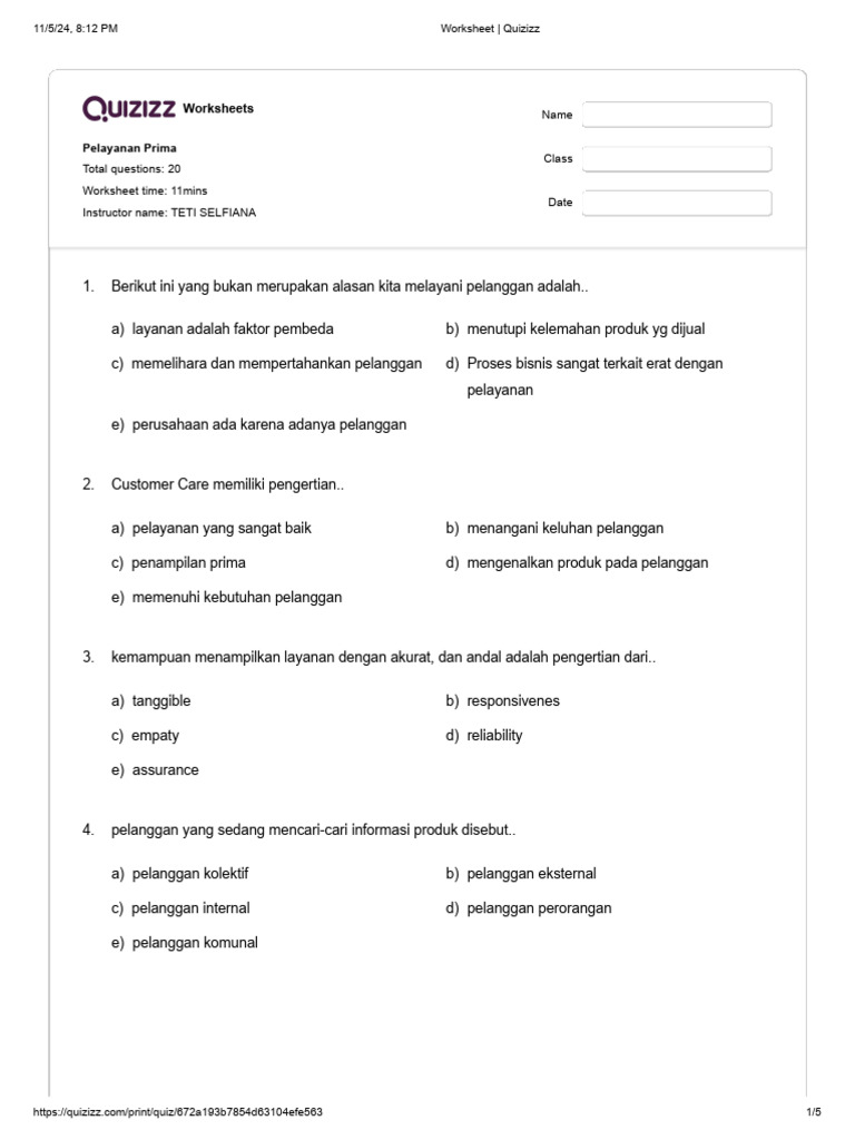 Worksheet - Quizizz | PDF