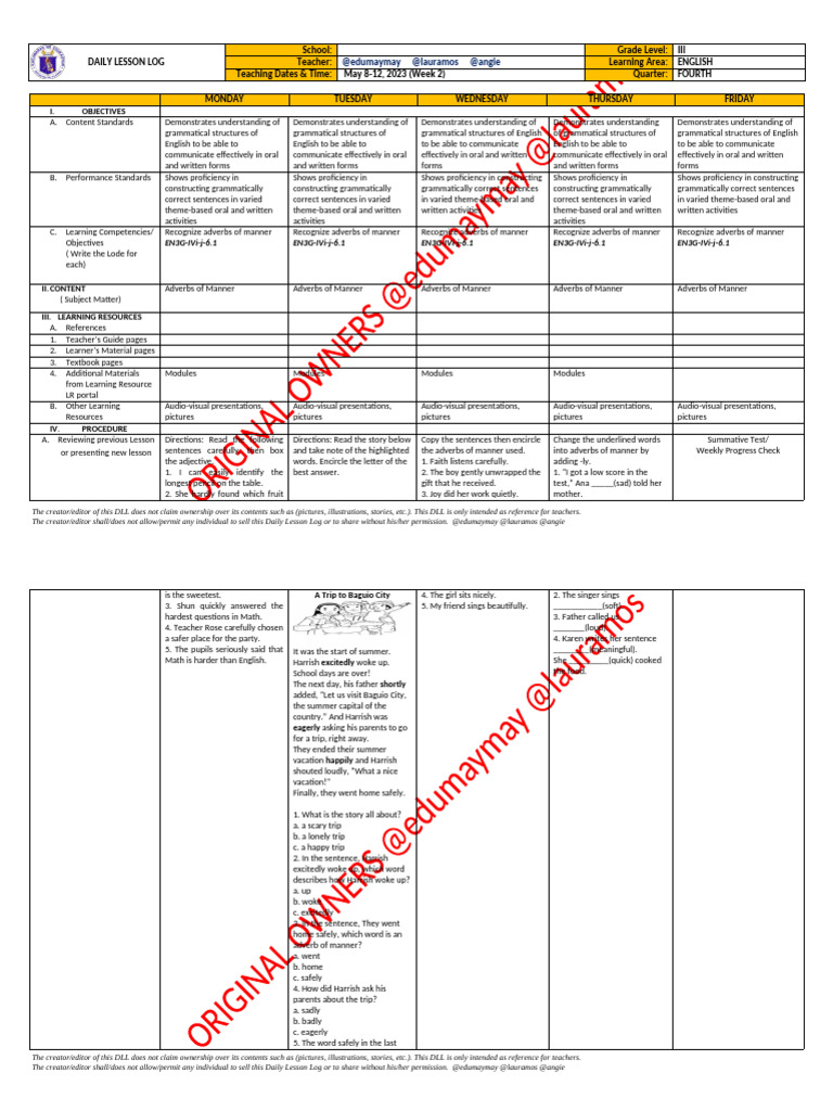 DLL - ENGLISH 3 - Q4 - C2 - Recognize Adverbs of Manner @edumaymay ...