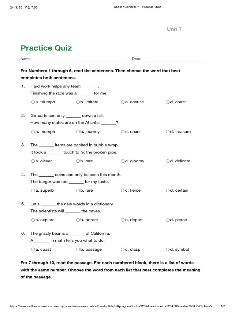 Sadlier Connect™ - Practice Quiz7 | PDF | Language Arts & Discipline