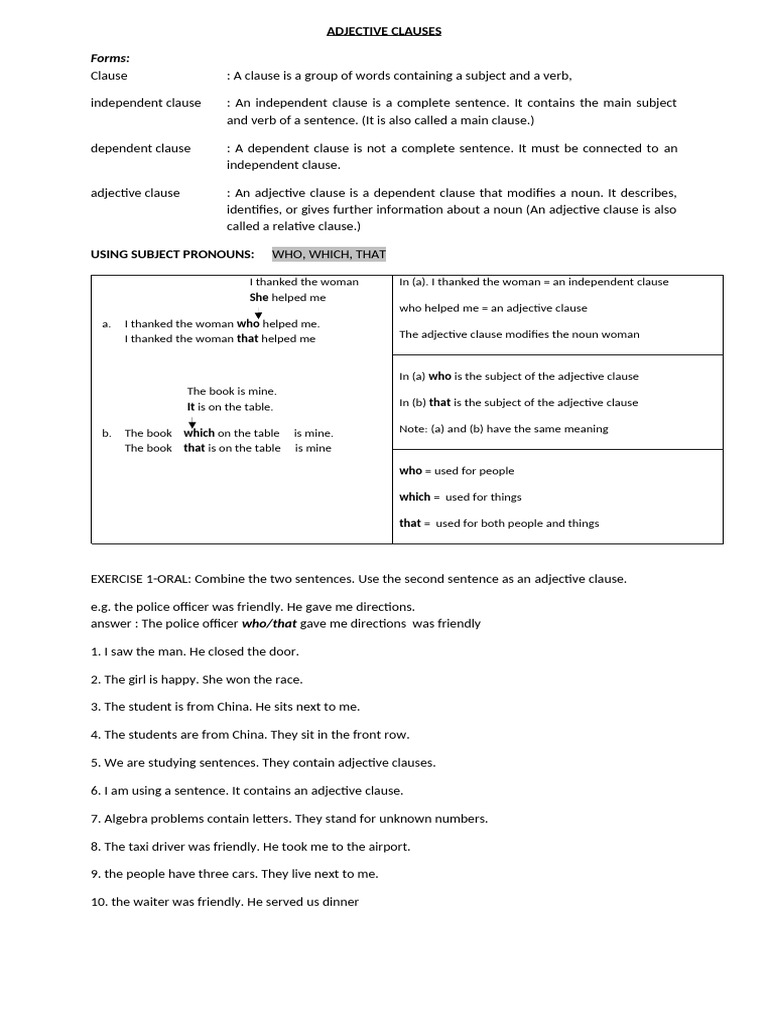 ADJECTIVE CLAUS-WPS Office | PDF | Adjective | Subject (Grammar)