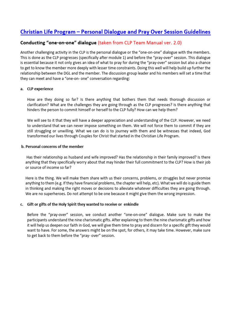 CLP - Personal Dialogue and Pray-Over Session Guidelines | PDF ...