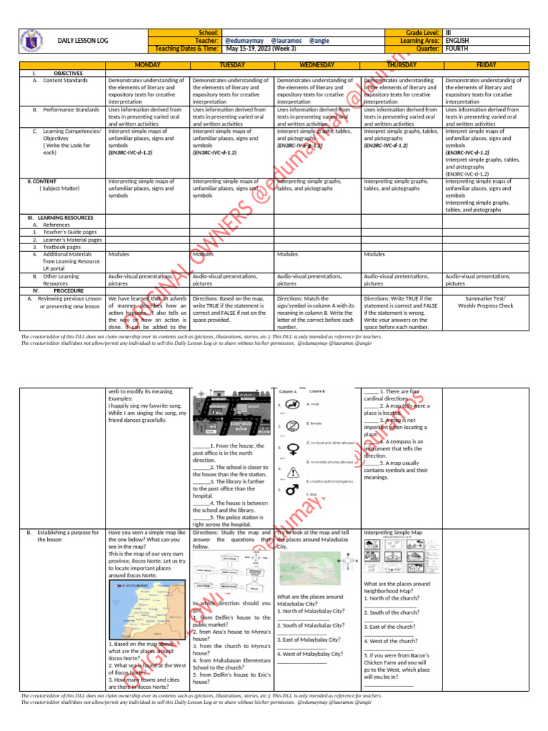 DLL - ENGLISH 3 - Q4 - C3-C4 - Interpreting Simple Maps, Pictographs, and Graphs & Tables ...