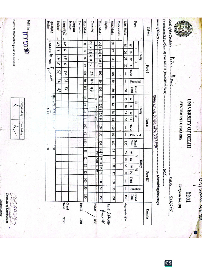 BSC Marksheet - DU | PDF