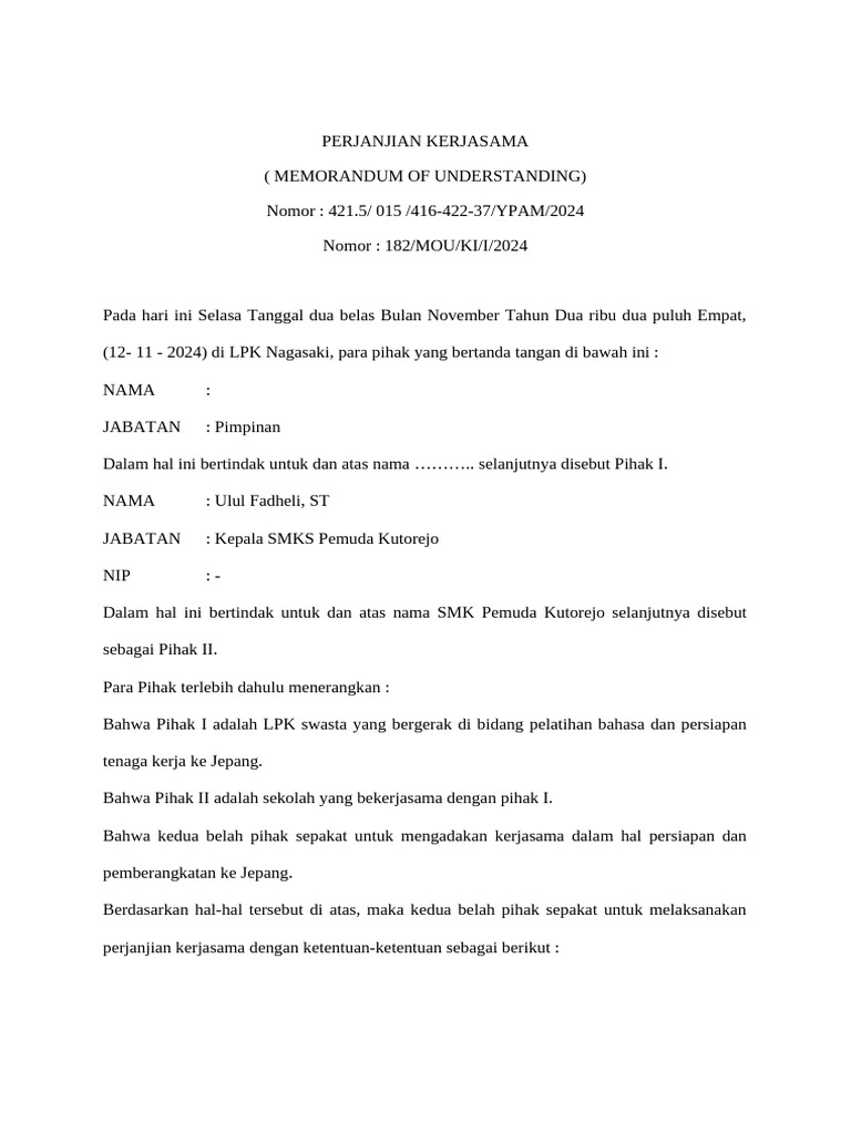 Draft MOU SMK Jepang | PDF
