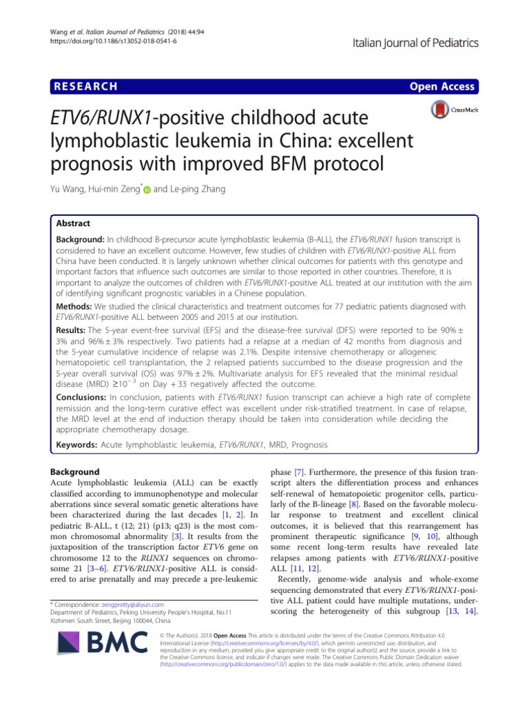ETV6cRUNX1 Positive Childhood Acute Lymphoblastic Leukemia in China ...