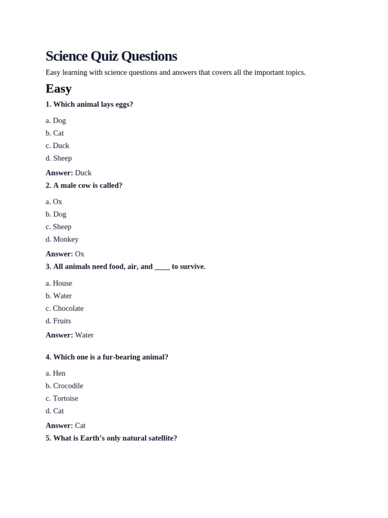 Science Quiz Questions | PDF | Carbon | Amphibian