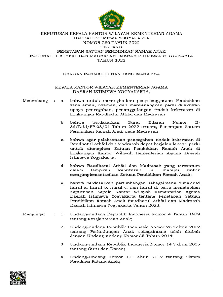 SK Nomor 260 Tahun 2022 Tentang Penetapan Satuan Pendidikan Ramah Anak ...