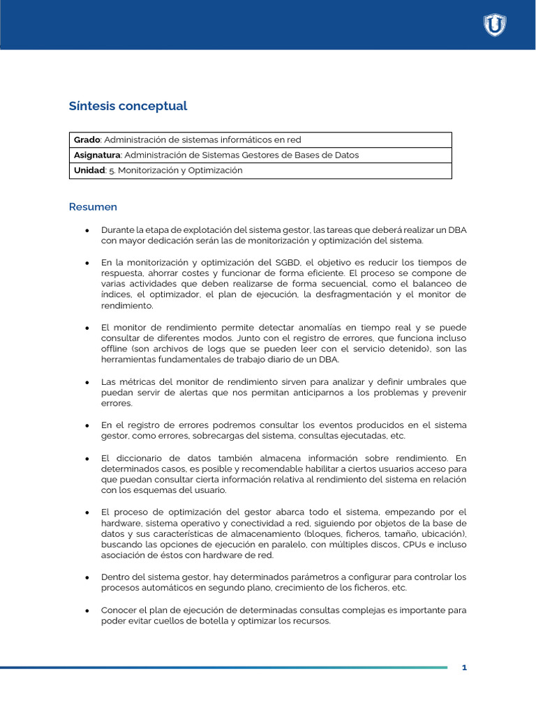 U5 RESUMEN Monitorización y Optimización | PDF | Bases de datos | Archivo de computadora