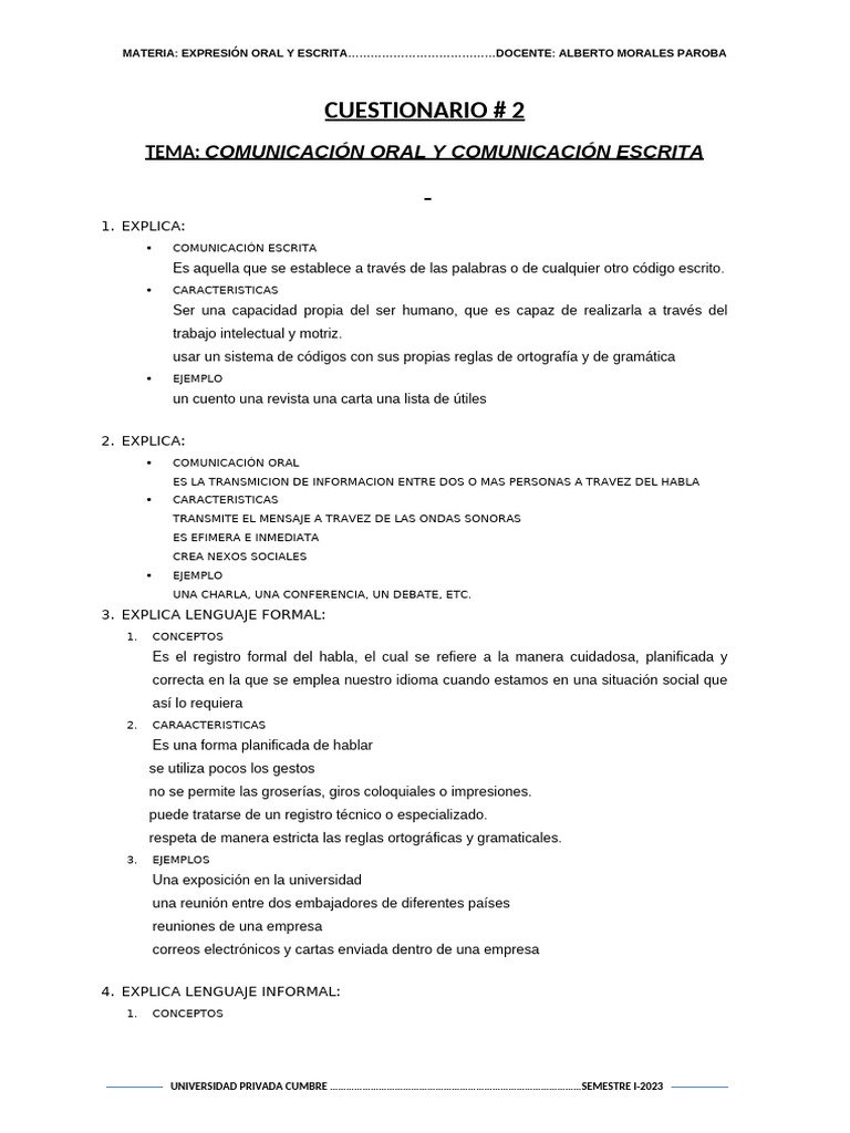 CUEST 2 Comunicación Oral y Escrita (Exp Oral) | PDF | Comunicación | Habla