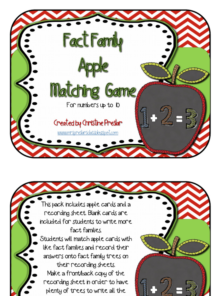 Fact Family Apple Matching Game: For Numbers Up To 10 | PDF | Career ...
