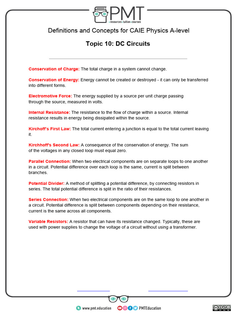 Definitions - Topic 10 D.C. Circuits - CAIE Physics A-Level | PDF