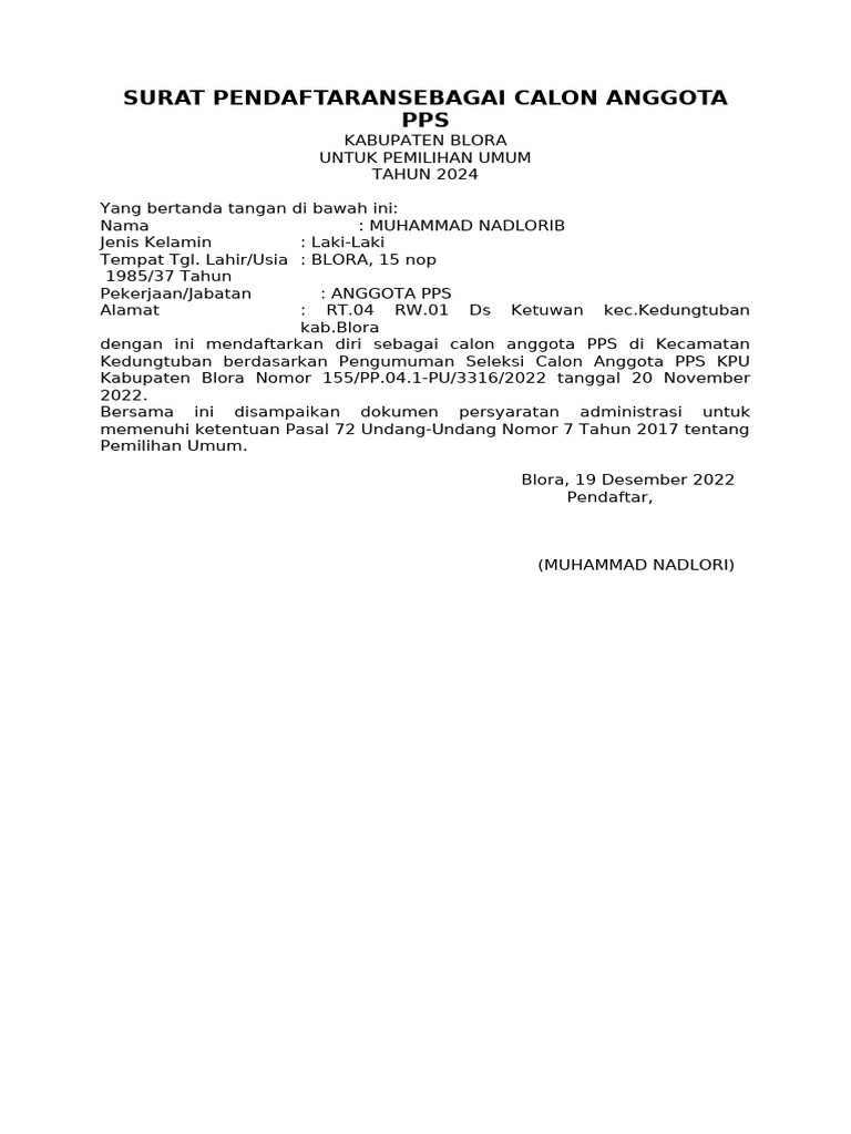 Lampiran Dokumen Pendaftaran Badan Adhoc PPK (Surat Pendaftaran, Surat Pernyataan Dan DRH) | PDF