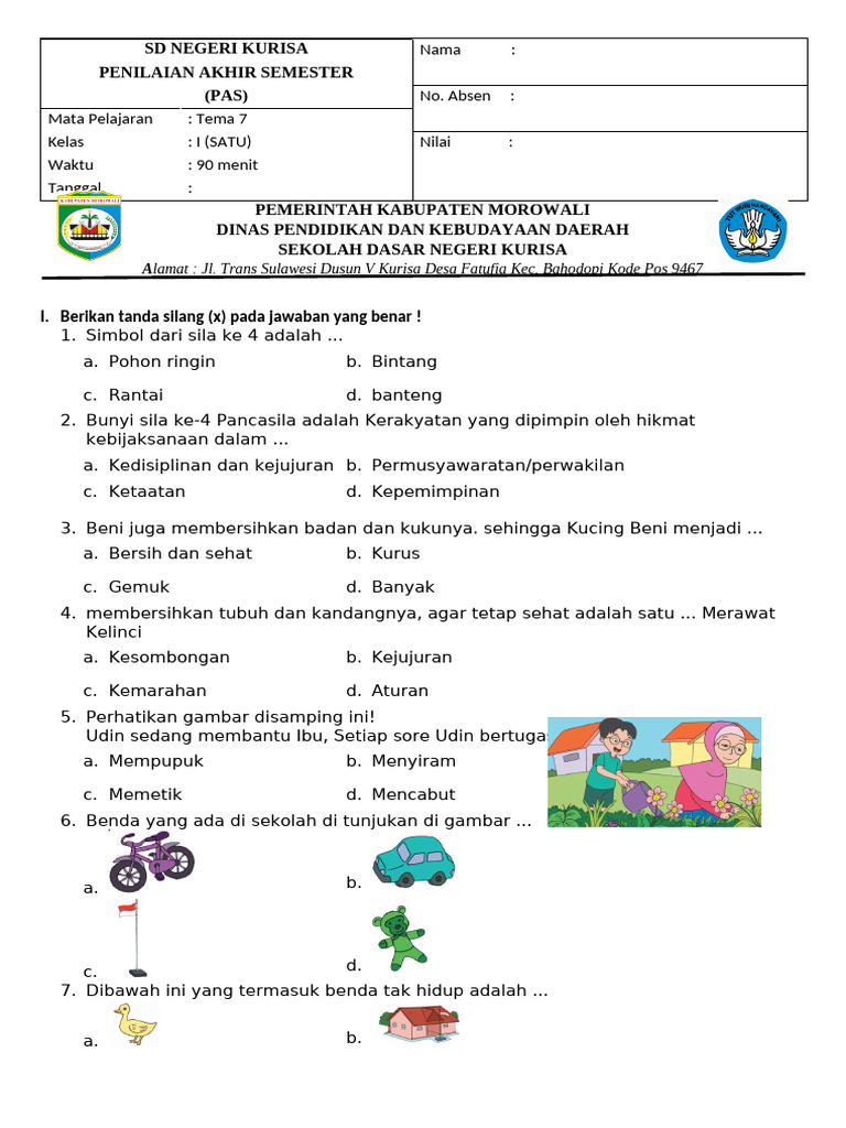 Soal Pas Kelas 1 Tema 7 | PDF | Griya & Taman | Seni