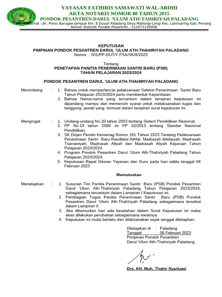 SK Panitia PSB 2023 Pondok Dua | PDF