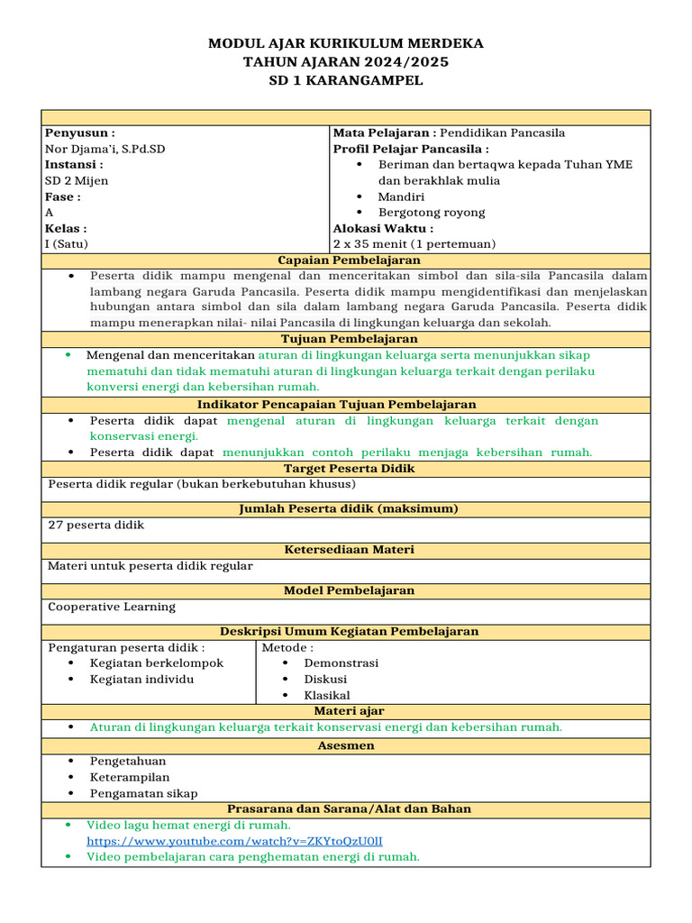 Modul Ajar Kumer Kls 1 - Umi Latifah, S.PD - SD - Sd1karpel | PDF