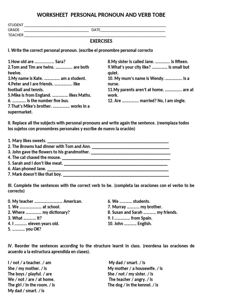 Worksheet Personal Pronoun and Verb Tobe | PDF | Languages | Foreign ...