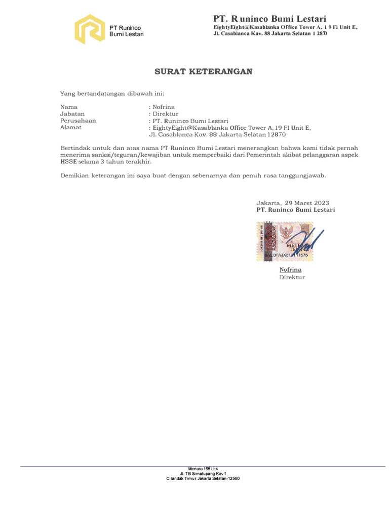Kinerja HSSE PT Runinco Bumi Lestari | PDF
