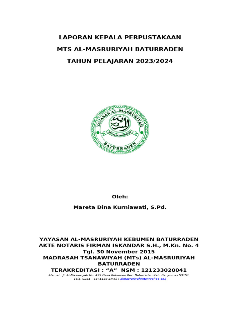 Laporan Perpustakaan MTs Al-Masruriyah 2023/2024 | PDF