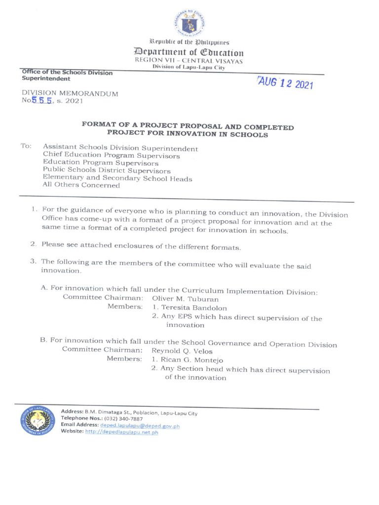 DM No. 555, S. 2021 - Format of A Project Proposal and Completed Project For Innovation in ...