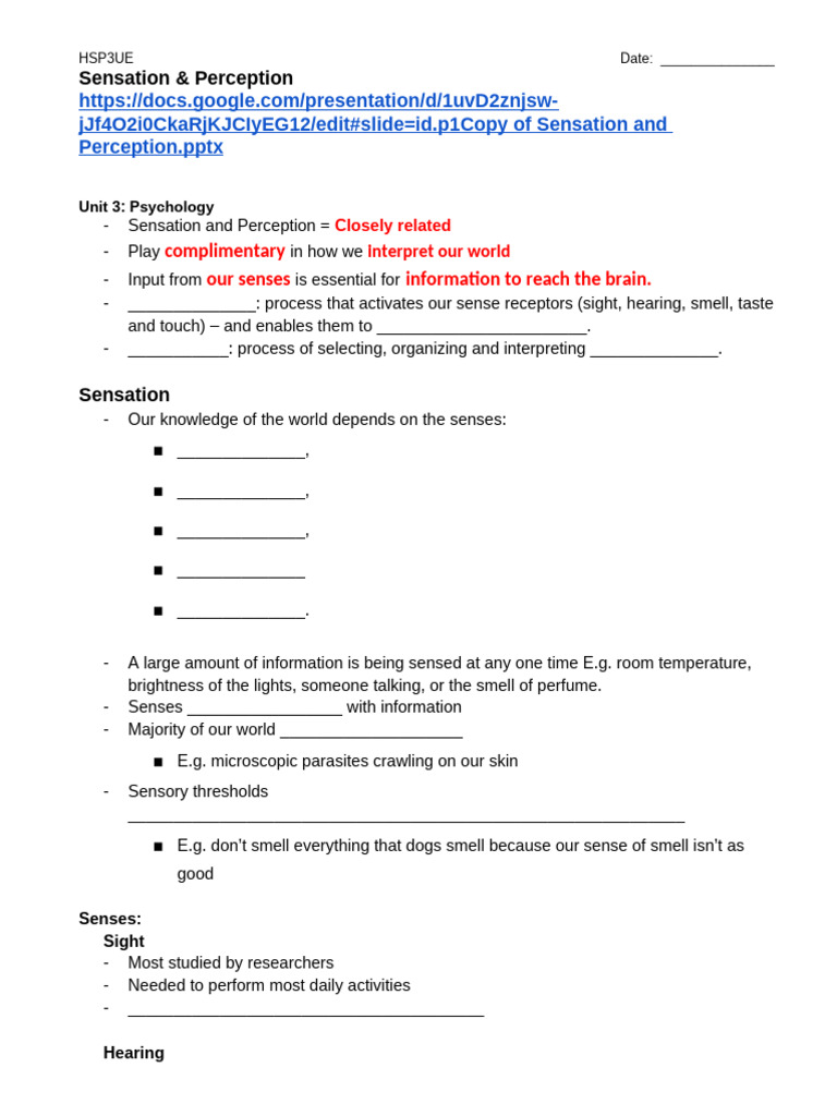 Sensation and Perception Student Notes For | PDF | Senses | Perception