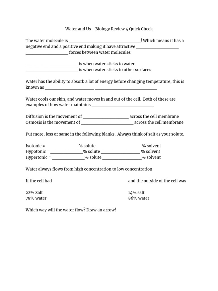 Water and Us - Biology Review 4 Quick Check | PDF