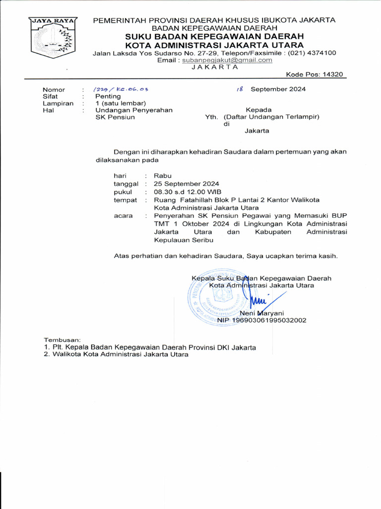 Und. Penyerahan SK Pensiun TMT 1 Okt 24 | PDF