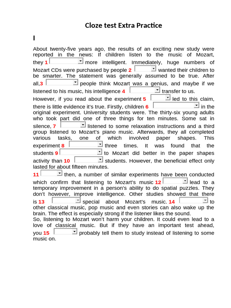 Cloze Test Extra Practice | PDF | Art