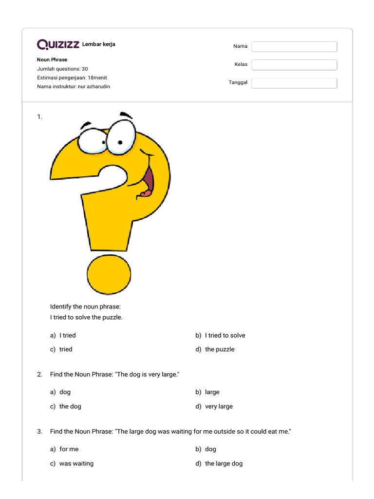 Noun Phrase Worksheet with 30 Questions | PDF | Noun | Pronoun