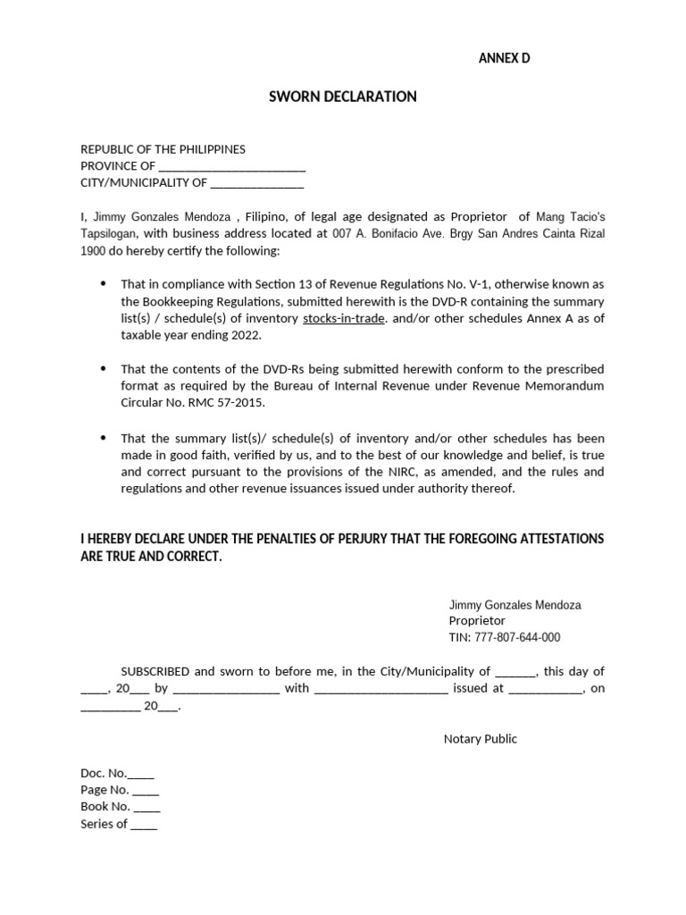 RMC 57 Annex D - Mang Tacio | PDF