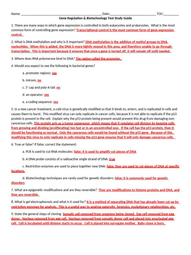 Unit Test Study Guide 21-22 Key | PDF | Operon | Dna
