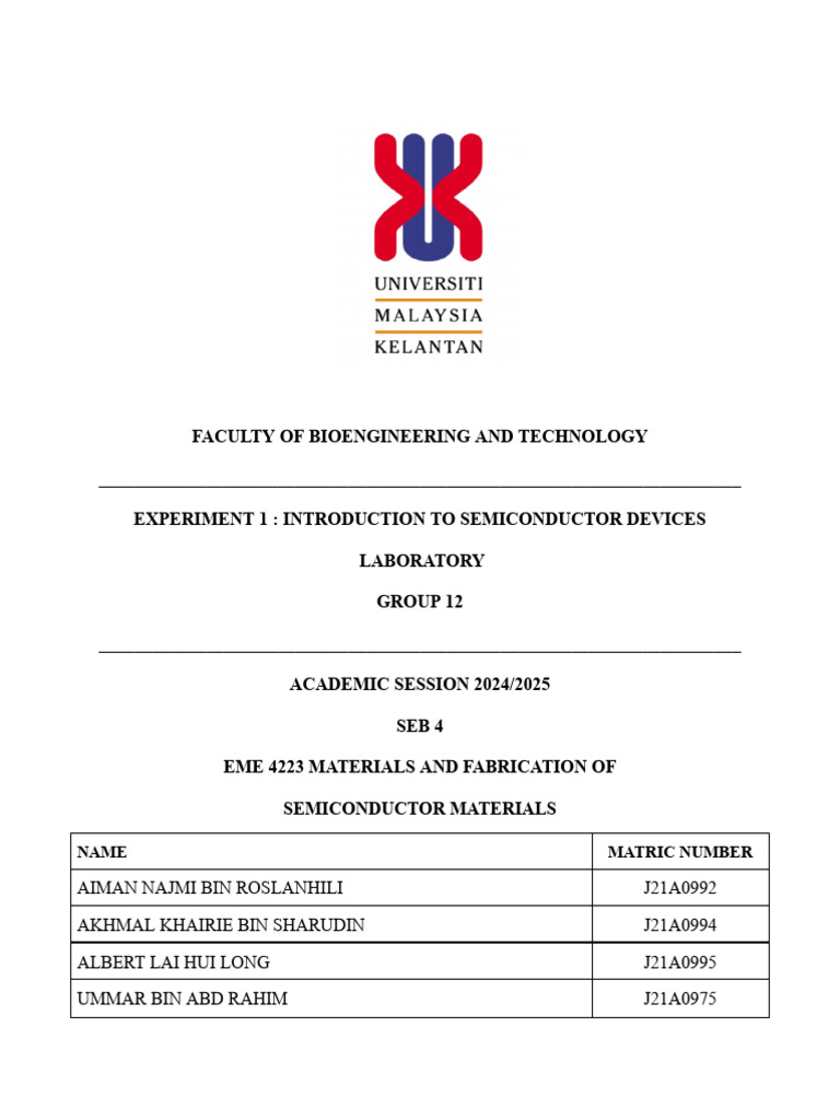 Lab Report 1 Semiconductor Group 7 | PDF | Electronics | Semiconductors