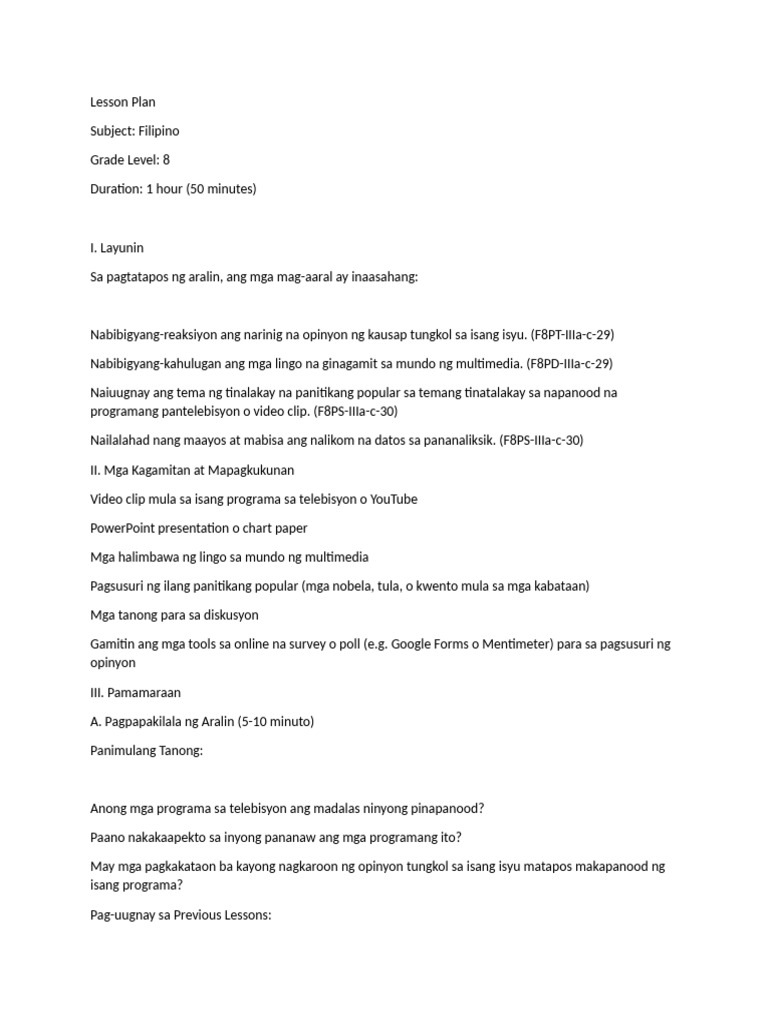 Lesson Plan para Sa Filipino - Grade8 Tradisyunaldocx | PDF
