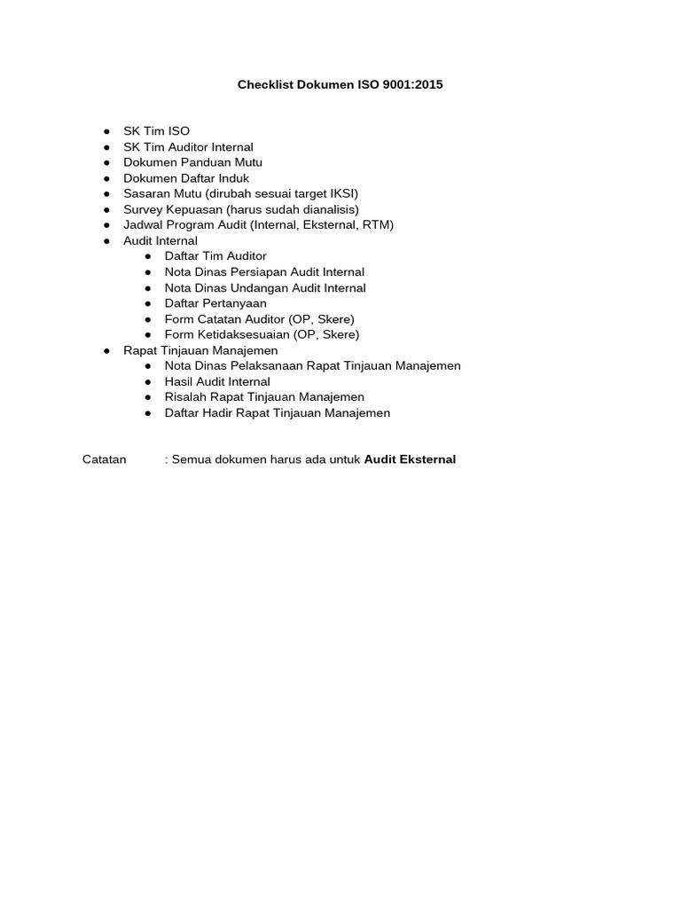 Checklist ISO 9001 - 2015 | PDF | Pengelolaan Keuangan & Uang