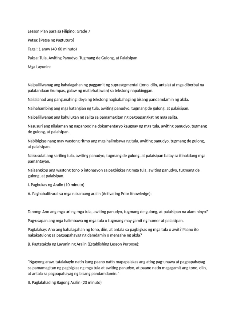 Lesson Plan para Sa Filipino - Grade 7 Bugtong | PDF