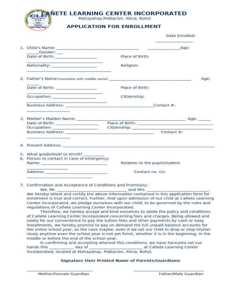 Cañete Learning Center Enrollment Form | PDF | Career & Growth | Lifestyle