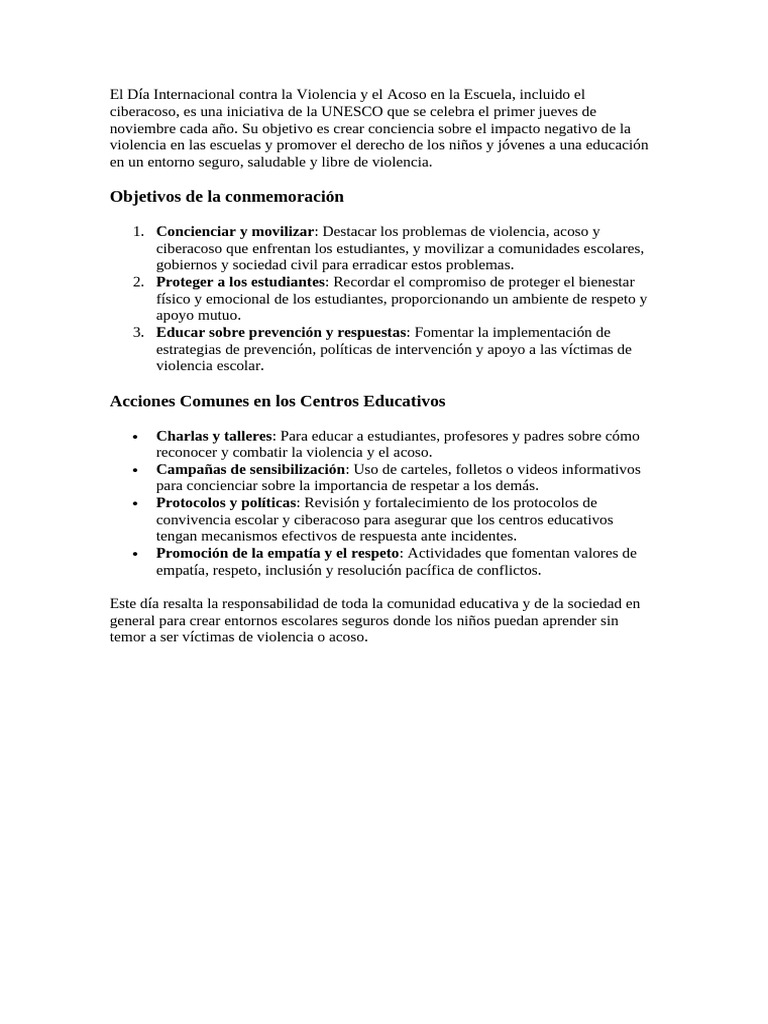 El Día Internacional Contra La Violencia Y El Acoso En La Escuela Pdf 6241