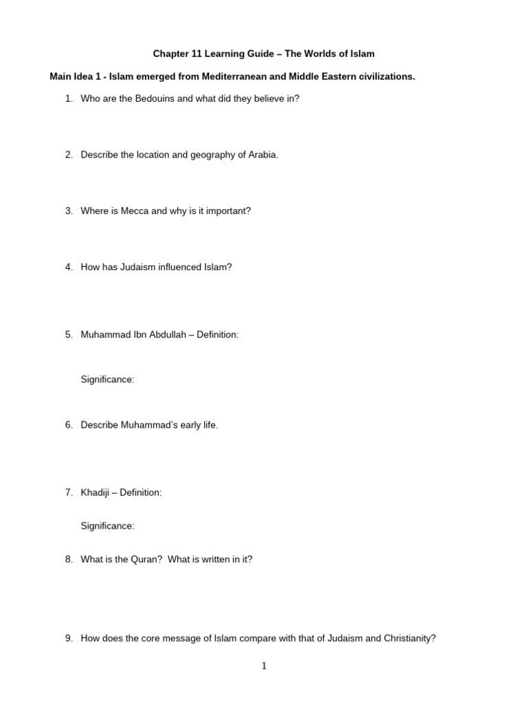 Chapter 11 Learning Guide - The Worlds of Islam | PDF | Arabs | Muhammad