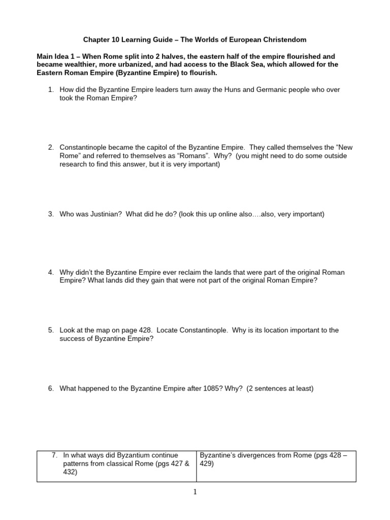 Chapter 10 Learning Guide - The Worlds of European Christendom | PDF | Byzantine Empire ...